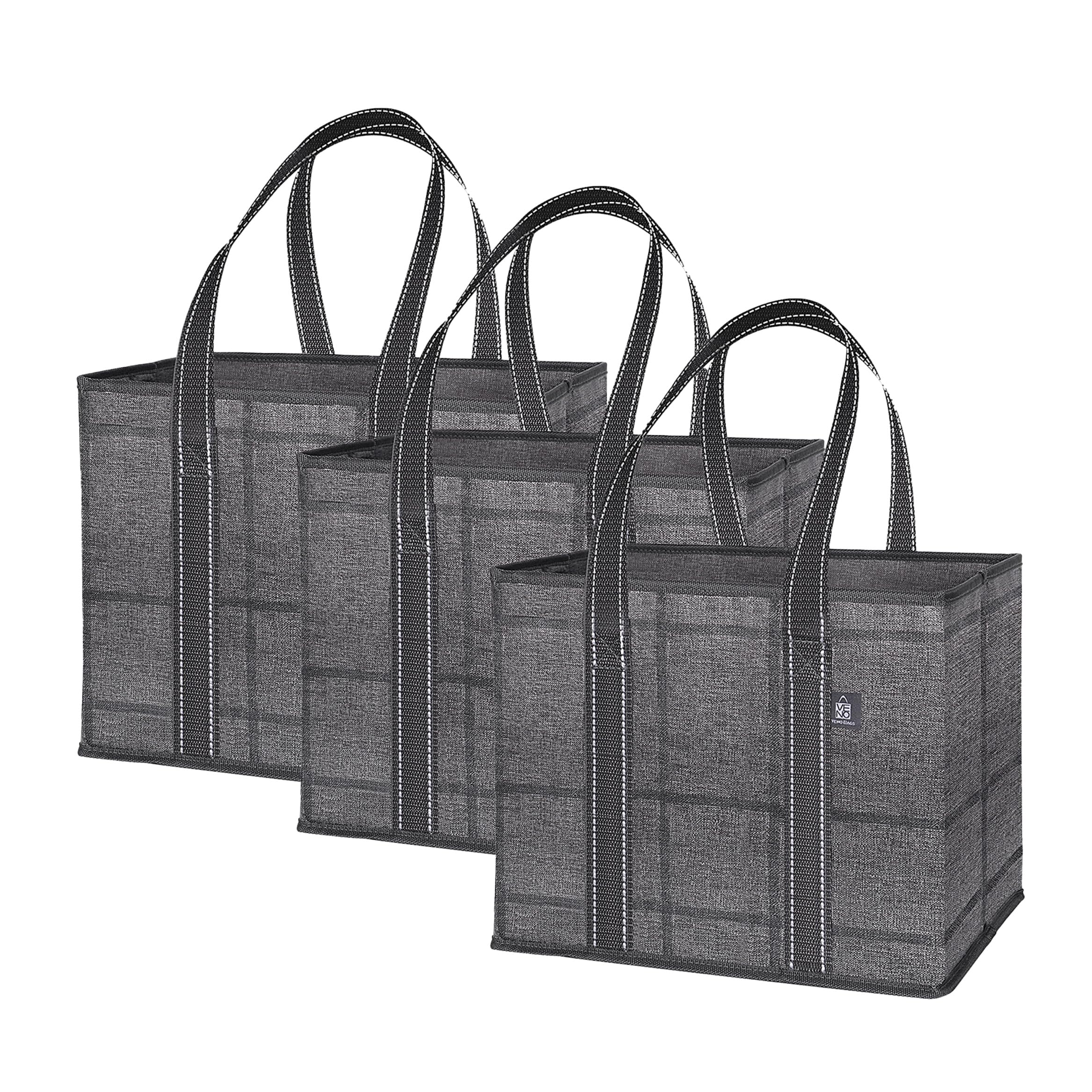 VENO 3 Pack Reusable Grocery Bags, Shopping Bags for groceries, Utility Tote with Handles and Hard Bottom, Foldable Shopping Cart Organizer, Multi-Purpose, Heavy-Duty (BLK Windowpane, 3 Pack)