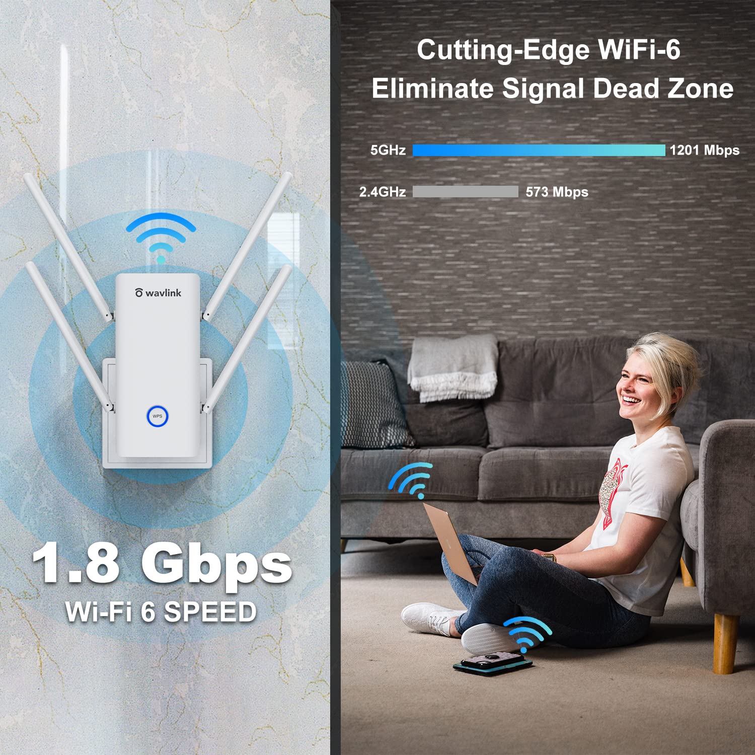 WAVLINK WiFi Extender AX1800 Dual Band WiFi Signal Booster,Coverage Up to 2500 Sq.ft and 96 Devices,WiFi Range Extender with Gigabit Ethernet Port,Wall Plug Design,Support Router/AP/Repeater Mode