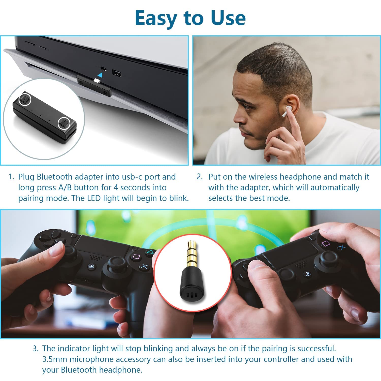 PEPPER JOBS Dual Bluetooth 5.0 USB-C Adapter, Compatible with PC/Laptop/TV/Switch/PS4/PS5, Wireless Audio Transmitter with aptX Low Latency, Dual Bluetooth Devices Connecting, 3.5 mm Mic Chat(Black)