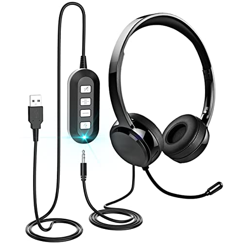 USB Headset with Microphone for PC, Adjustable Boom Mic, Inline Volume Control & Mute, Wired Cell Phone Headphones for Kids, 3.5mm Stereo Computer Headset for Home Office, Call Center, School