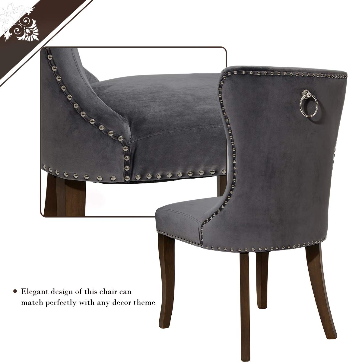 LCH Dining Set of 4, Upholstered Accent Button Tufted Armless Chair with Nailhead Trim and Back Ring Pull (Grey)