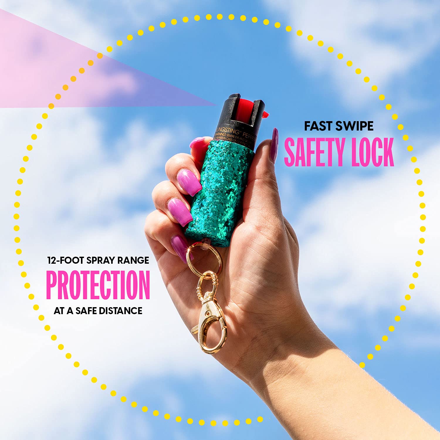 Pepper Spray Maximum Strength, UV Dye, Self Defense Weapon for Women, Purse Safety Essential, Car Keychain Accessories, Sparkly Glitter, 4 Pack