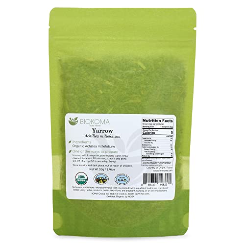 Pure and Organic Biokoma Yarrow Dried Herb 50g (1.76oz) In Resealable Moisture Proof Pouch