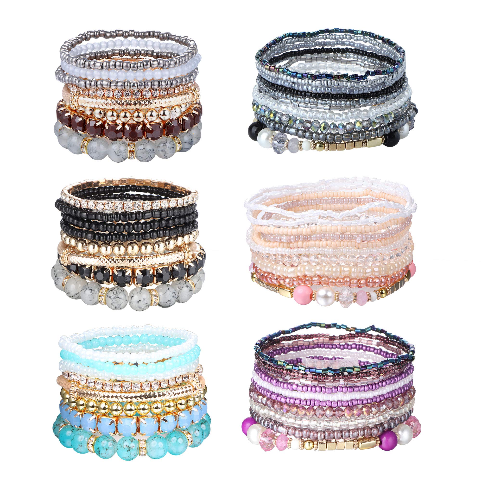 Magitaco 6 Sets Bohemian Stackable Bead Bracelets for Women Multilayered Stretch Bracelet Set Multicolor Fashion Jewelry Style C