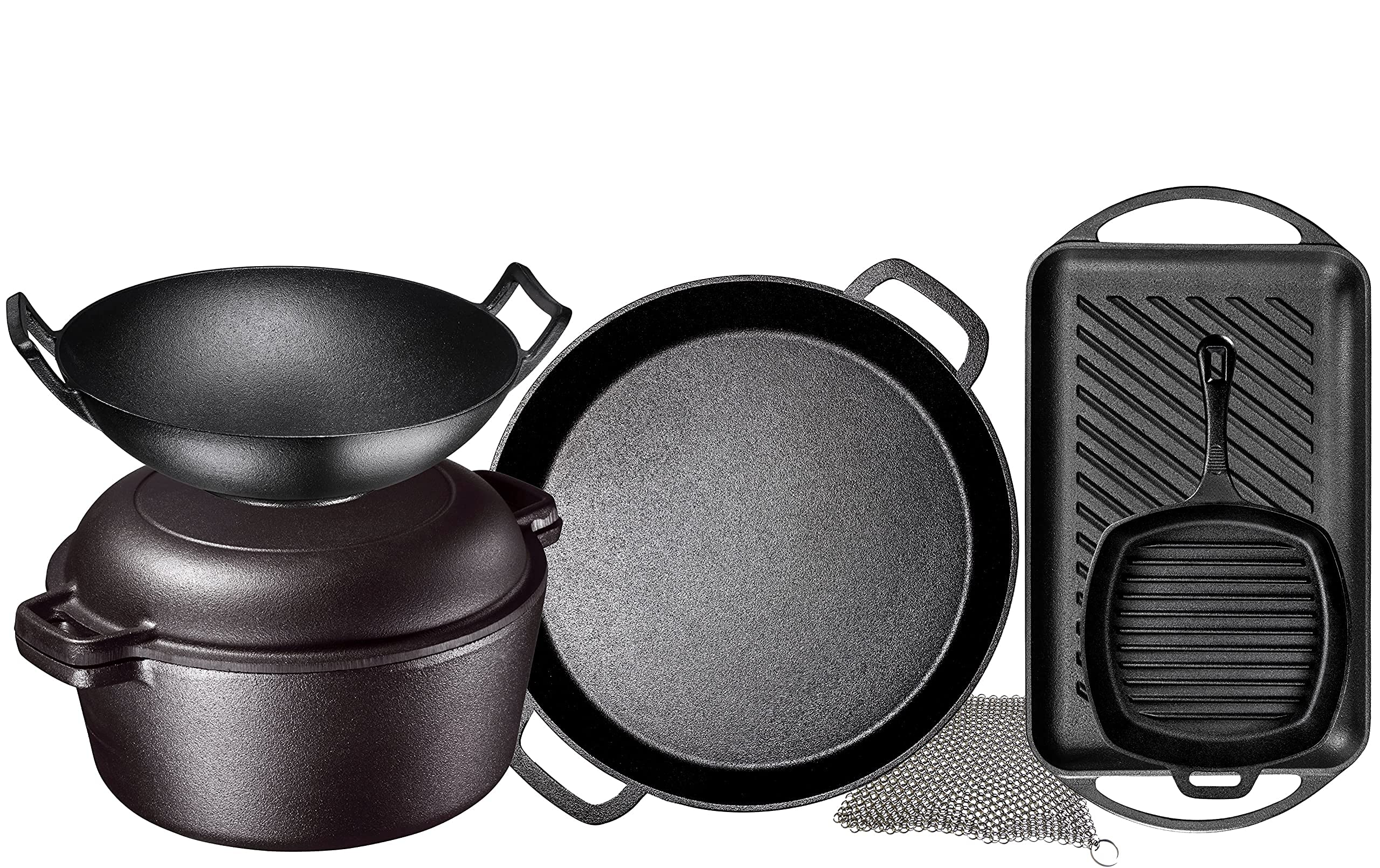 Pre Seasoned Cast Iron 7 Piece Bundle Gift Set, Double Dutch, Rectangular grill Pan, Wok, Large Skillet, Square Grill Pan & Chainmail, Camping Cookware Set