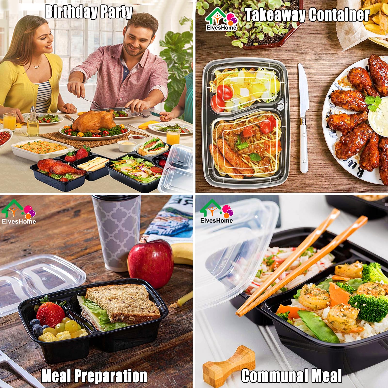 Meal Prep Container 2 Compartments, 50 Pack Meal Prep Container Microwave Safe, Food Storage Container with Lids, 34oz Disposable Bento Box To-Go Boxes Reusable Plastic Bento Lunch Box Dishwasher Safe