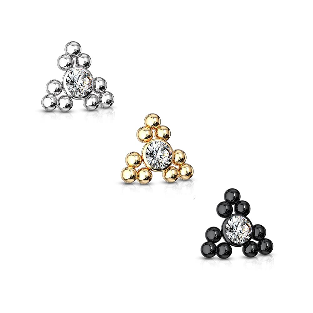 Pierced Owl 14GA Stainless Steel Internally Threaded CZ Crystal Center Triangle Ball Clusters Dermal Anchor Top (Gold Tone)