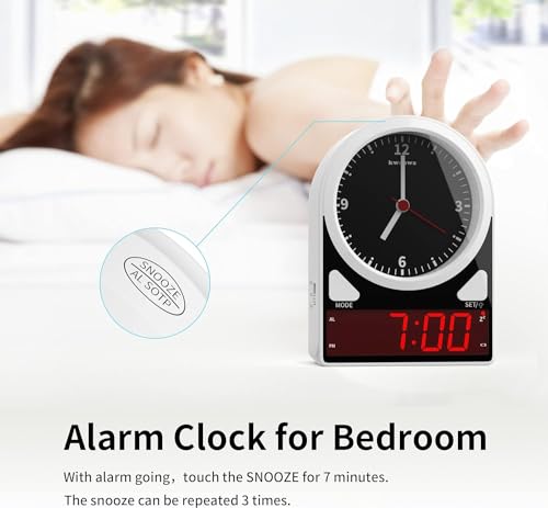 KWANWA Alarm Clock, Analog Clock & LED Digital Clock, Light Sensor LED Clock, Snooze, 12Hr, Alarm Clock for Bedroom, Living Room, Bookshelf, Kids, Elderly, Easy to Set, White