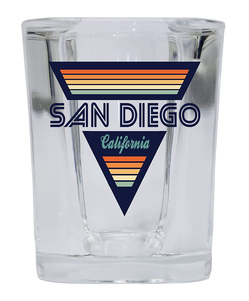 R and R Imports San Diego California 2 Ounce Square Base Liquor Shot Glass Retro Design