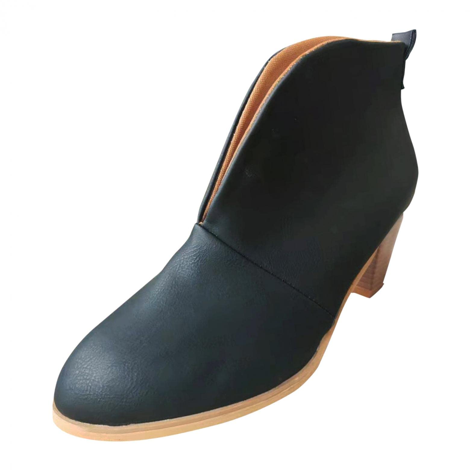 NOLDARES Boots for Women Low Heel V Cutout Ankle Boots Leather Winter Warm Stacked Chunky Heel Short Booties, Black, 7.5