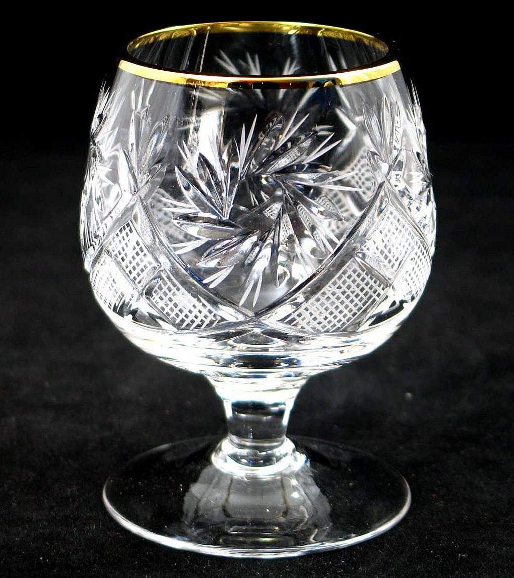Neman Russian Cut Crystal Sherry Glasses with Gold Rim Shot Glasses on Short Stem. 1.2oz (35ml). Set of 6