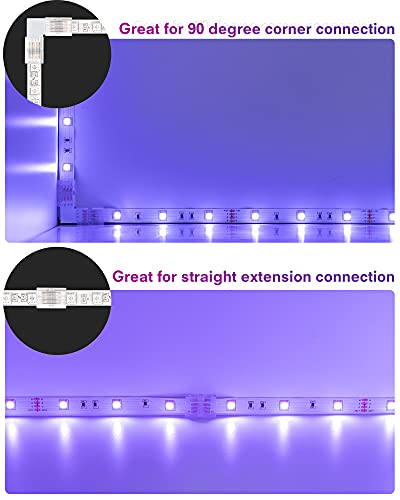 L Shape LED Connectors 4-Pin JACKYLED 10mm LED Right Angle Connectors Solderless RGB Corner Connectors Adapter Extension for 3528/5050 Strip Lights (6pcs L Shaped PCBs, 12pcs Clips)