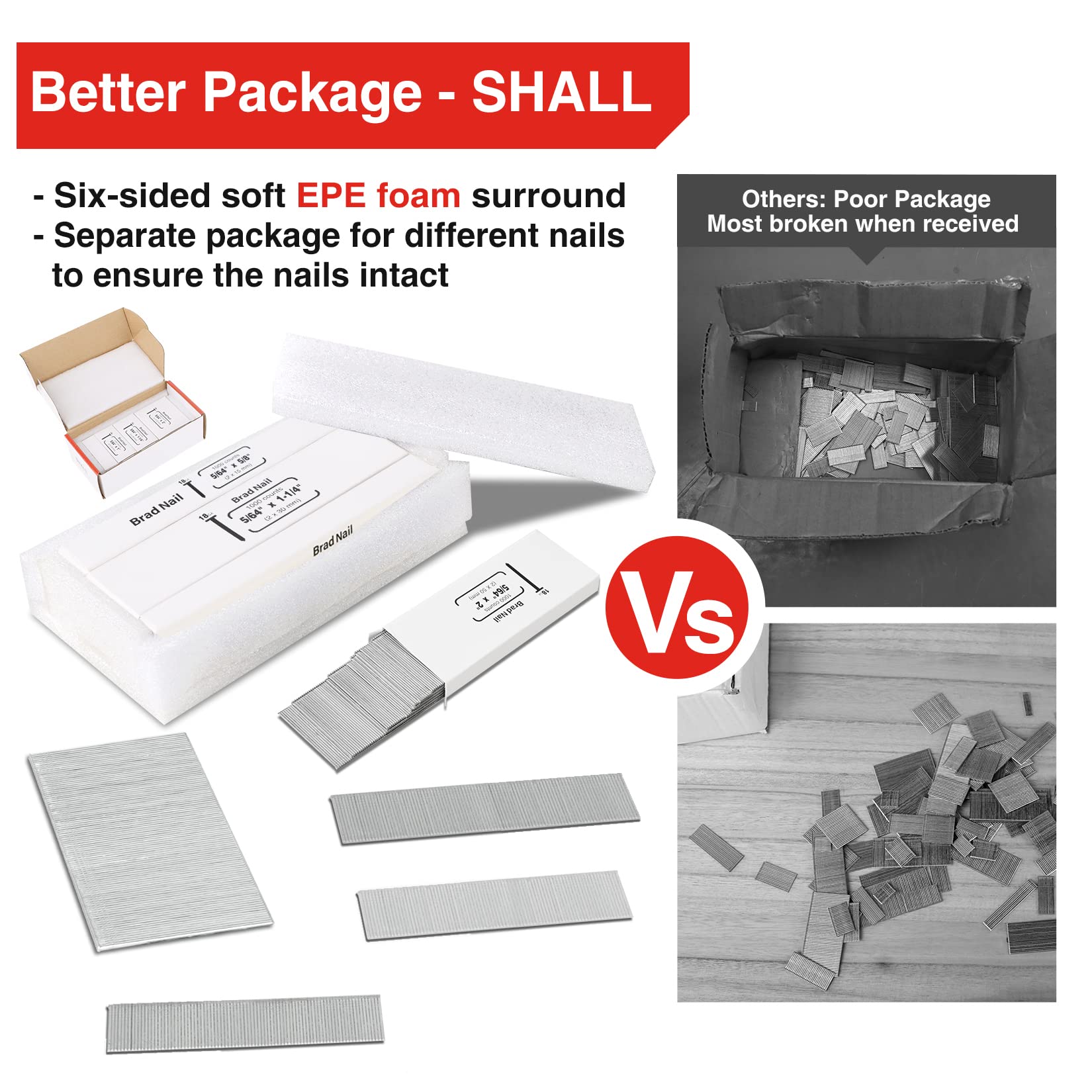 SHALL 18 Gauge Brad Nails, 2โ, 1-1/4โ, 1โ, 5/8 Inch, 4000-Count Galvanized Brad Nails Assorted, 18GA Nail Gun Nails and Small Finishing Nails Assortment for Pneumatic, Electric Brad Nailer Gun