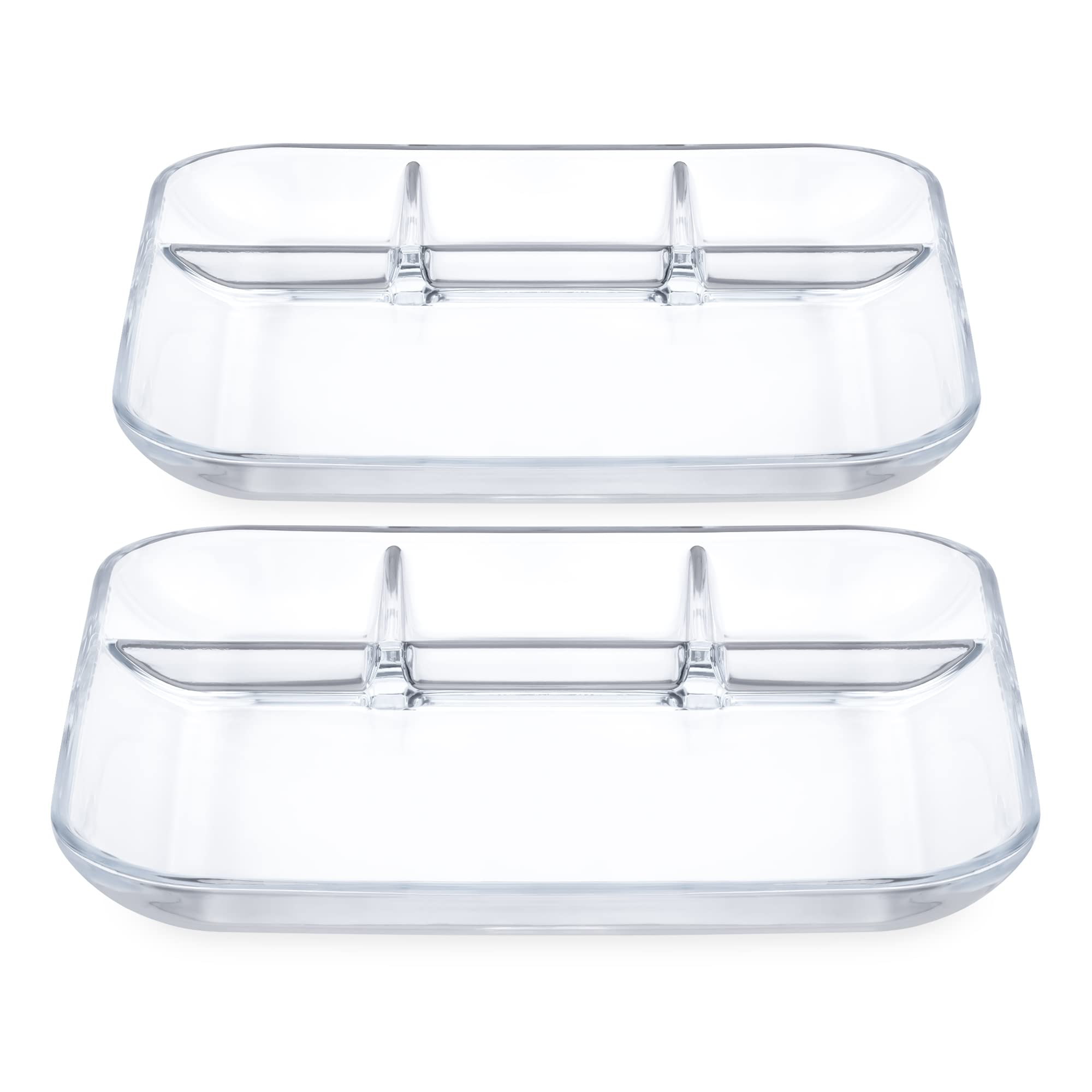 Navaris Glass Divided Plates (Set of 2) - 4 Section Divider Snack Plate for Adults, Serving, Portion Control - Square Clear Platter with Food Dividers
