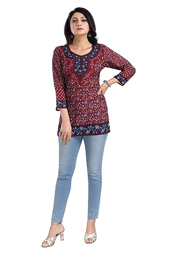 Keshubaba Indian Kurtis for Women Indian Style Crepe Short Kurta Kameez Printed Designs Tunics Tops for Jeans Leggings (Red/X-Large)