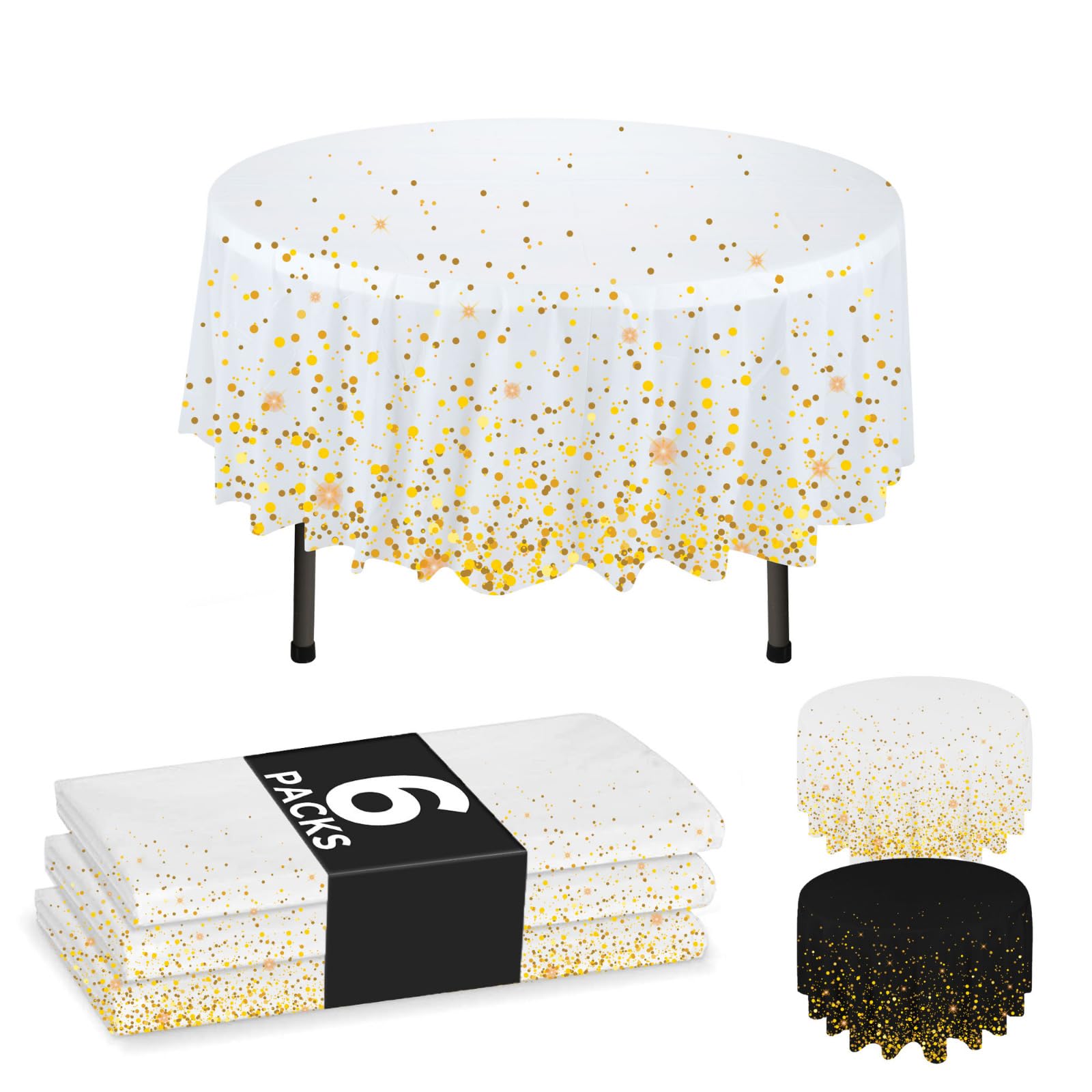 NORZEE 6-Pack White Disposable Plastic Tablecloths, 84" Plastic Table Cloth, Round Table Cover Gold CONFETY (6, White Gold)