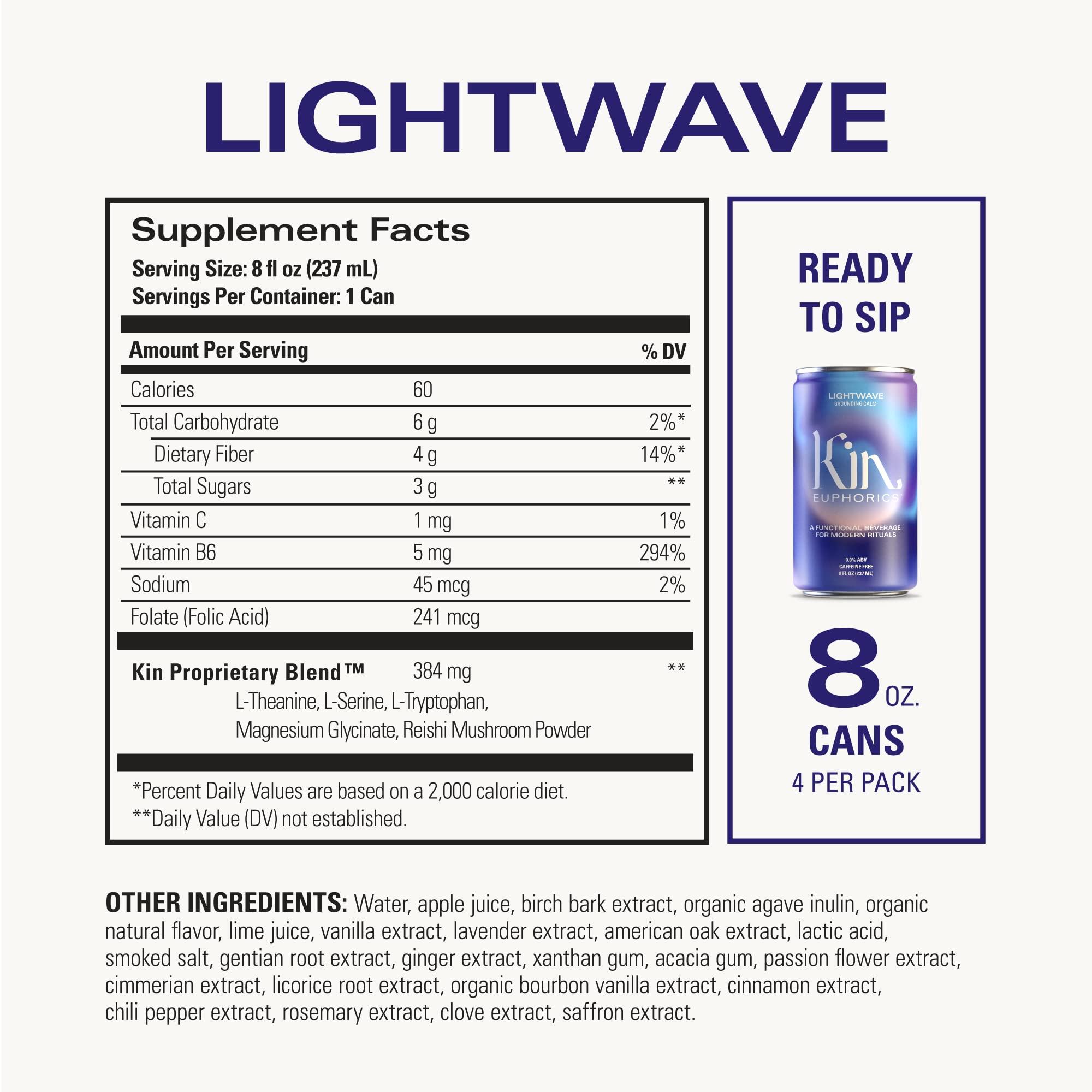 Lightwave by Kin Euphorics, Non Alcoholic Spirits, Prebiotic, Nootropic, Botanic, Adaptogen Drink, Lavender-Vanilla, Ginger, and Birch, Calm the Mind and Mellow the Mood, 8 Fl Oz (4pk)