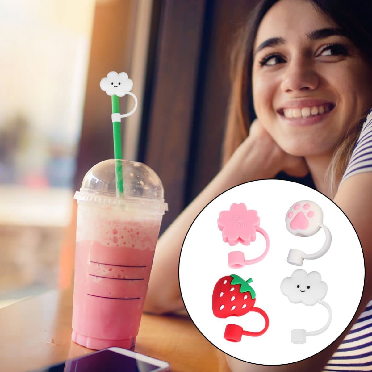 SEWACC 4 Pcs Straw Covers Silicone Straw Caps Reusable Drinking Straw Tips Lids Straw Toppers for Home Office