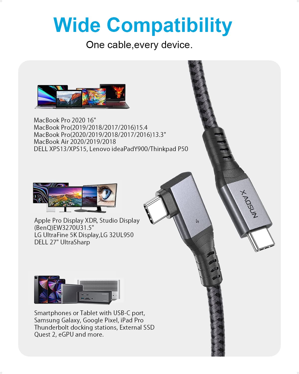 Thunderbolt 4 Cable, Right Angle Thunderbolt 4 Cable with 8K@30Hz Display/40Gbps Sync/100W Charging,Compatible with Thunderbolt 3/USB-C, for Macbook, imac, Thunderbolt Docking Station, External SSD