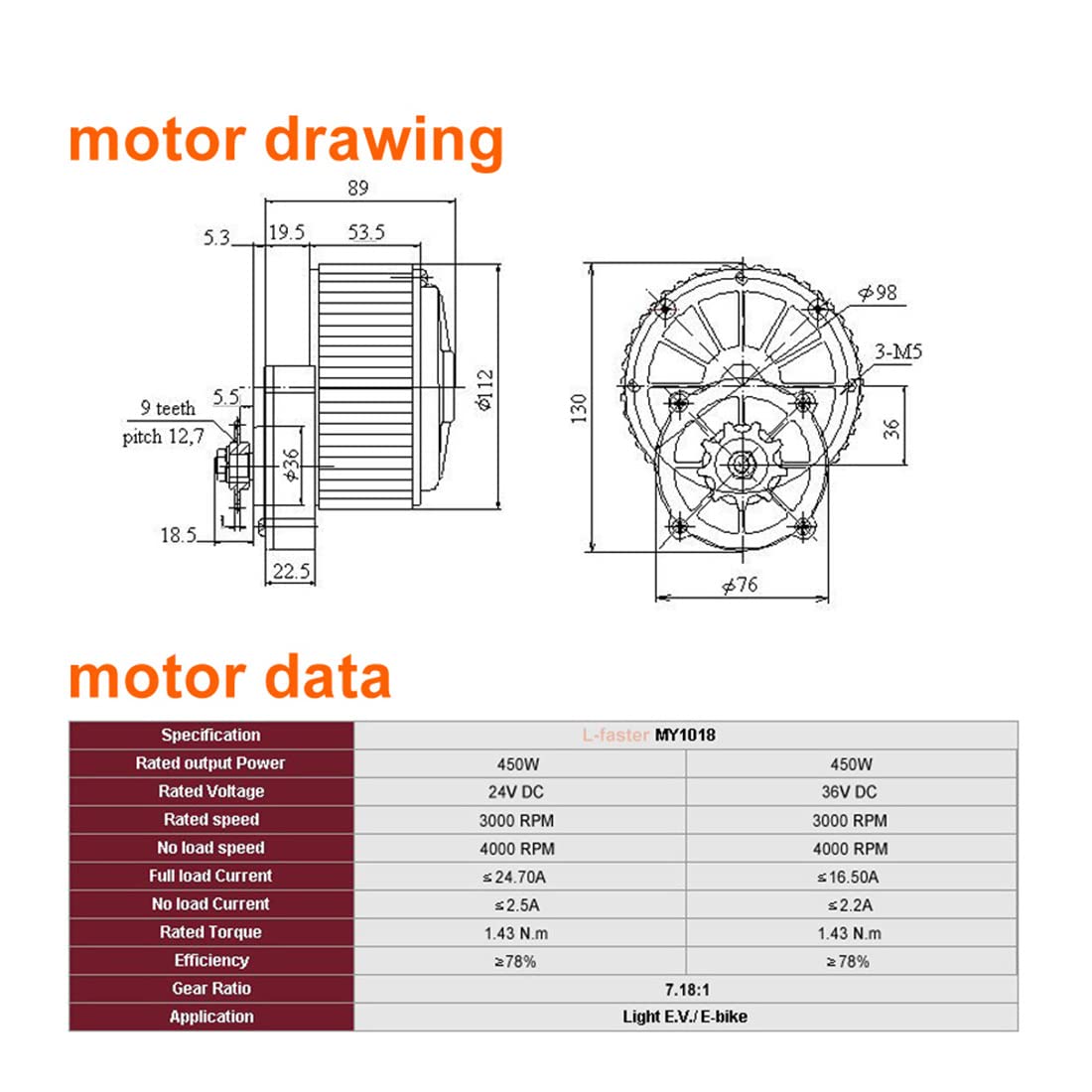 L-faster Newest 450W E-Bike Motor Kit Electric Multiple Speed Bicycle Conversion Kit Electric Engine Kit for Multi-Speed Bicycle(36V Thumb Kit)