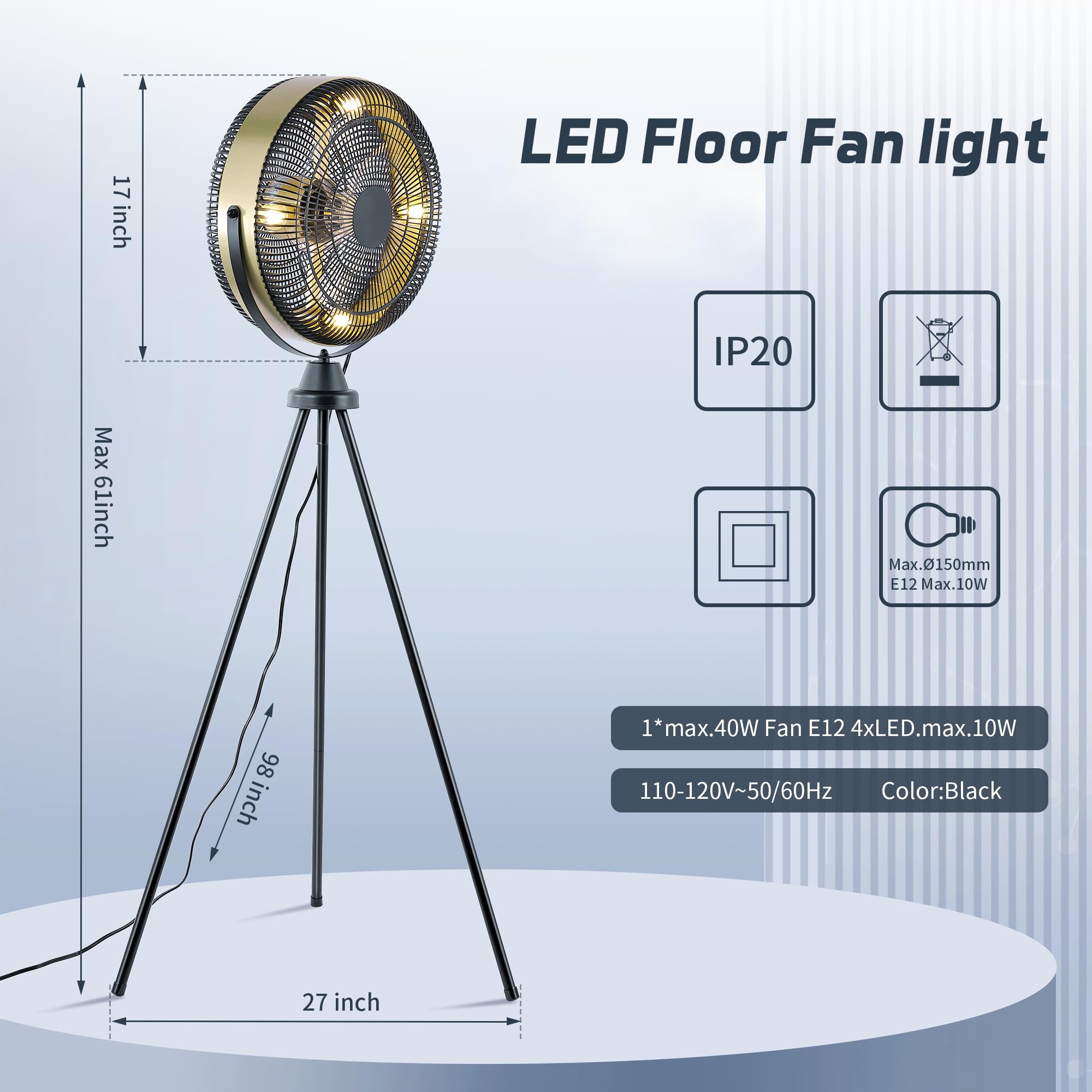 KINGTORO 17" Black Tripod Floor Fan7721