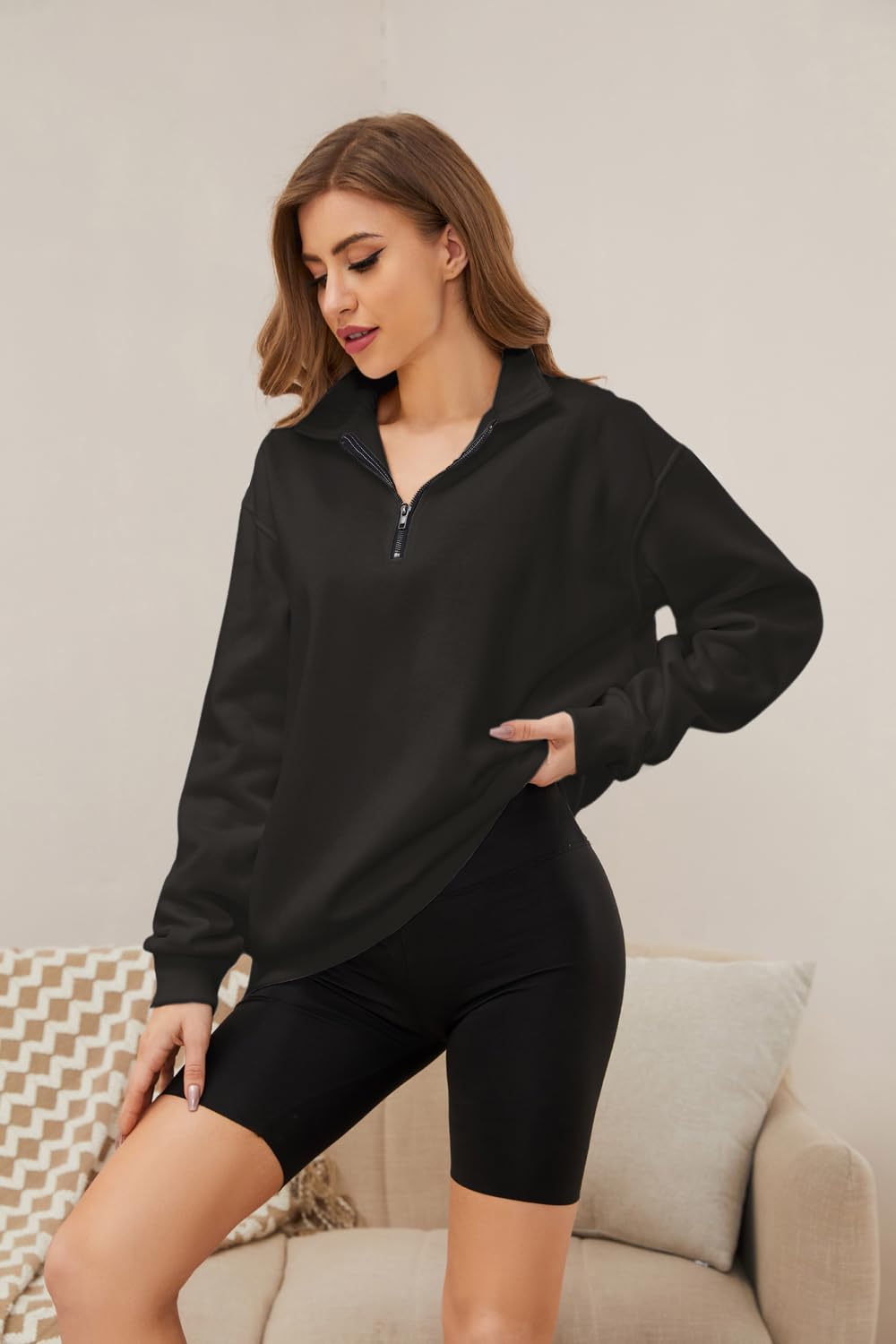 MISSACTIVER Women's Oversized Quarter 1/4 Zip Sweatshirts Lapel Collar Long sleeve Drop Shoulder Solid Pullover Jumper Top Black