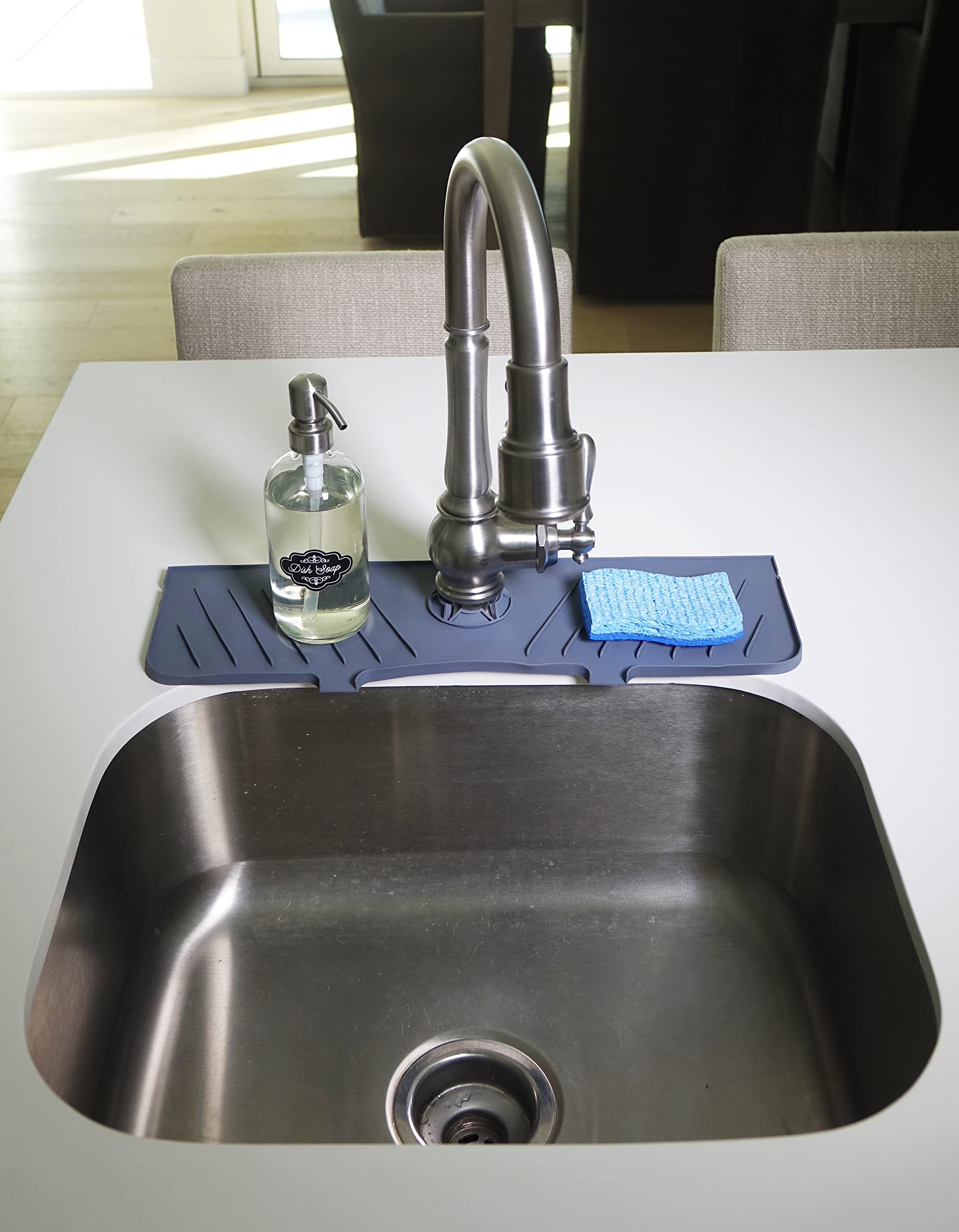 Premium 34β x 22β Under Sink Mat with Bonus Faucet Splash Guard: Waterproof Silicone Kitchen Sink Mat with Drain Hole - Rubber Mat Cabinet Protector, Anti-Slip, and Waterproof Kitchen Cabinet Liner
