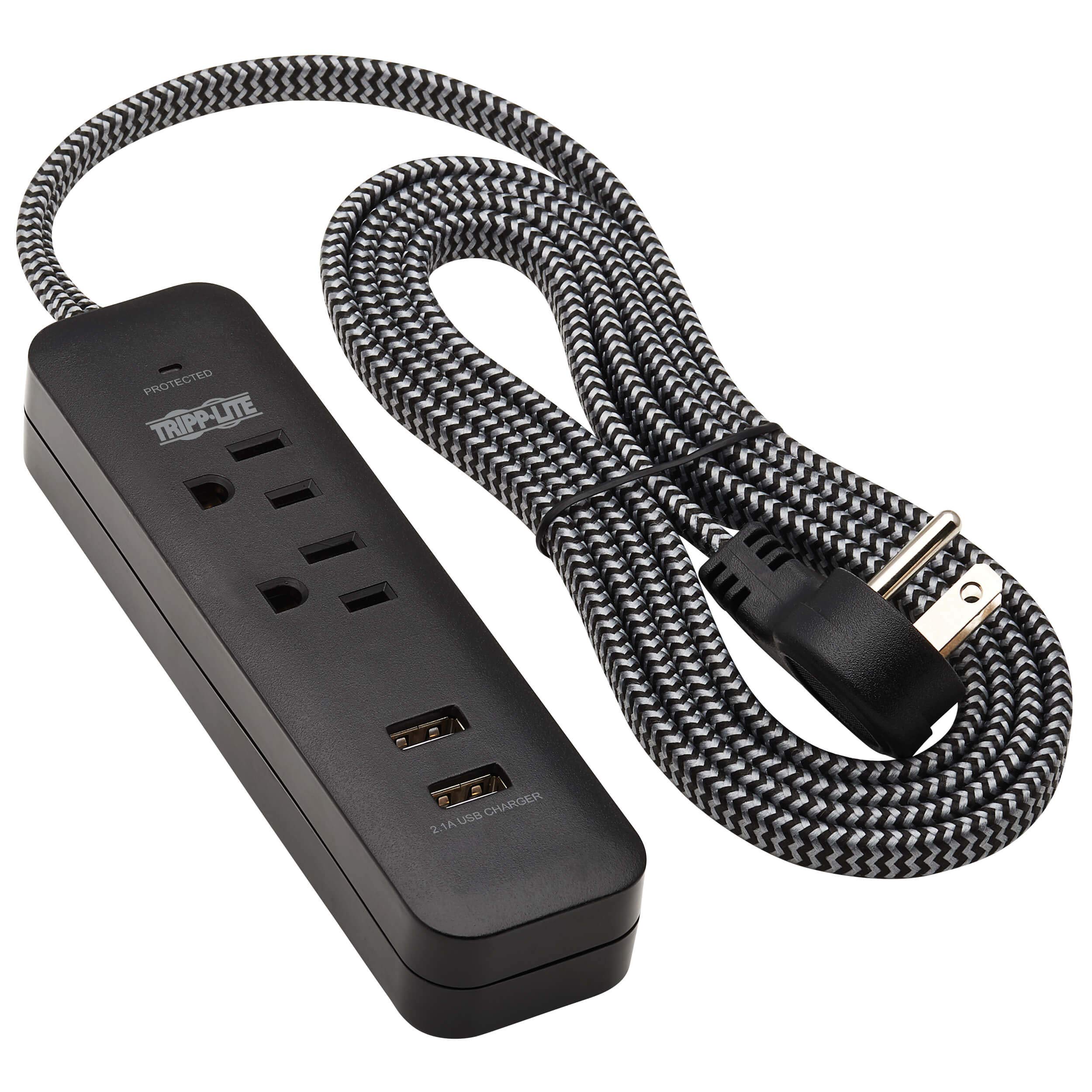 Tripp Lite Surge Protector Power Strip 2-Outlet w 2 USB Ports 2.1A 6ft Cord, 5-15P Plug, 450 Joules, Black (TLP206USB)