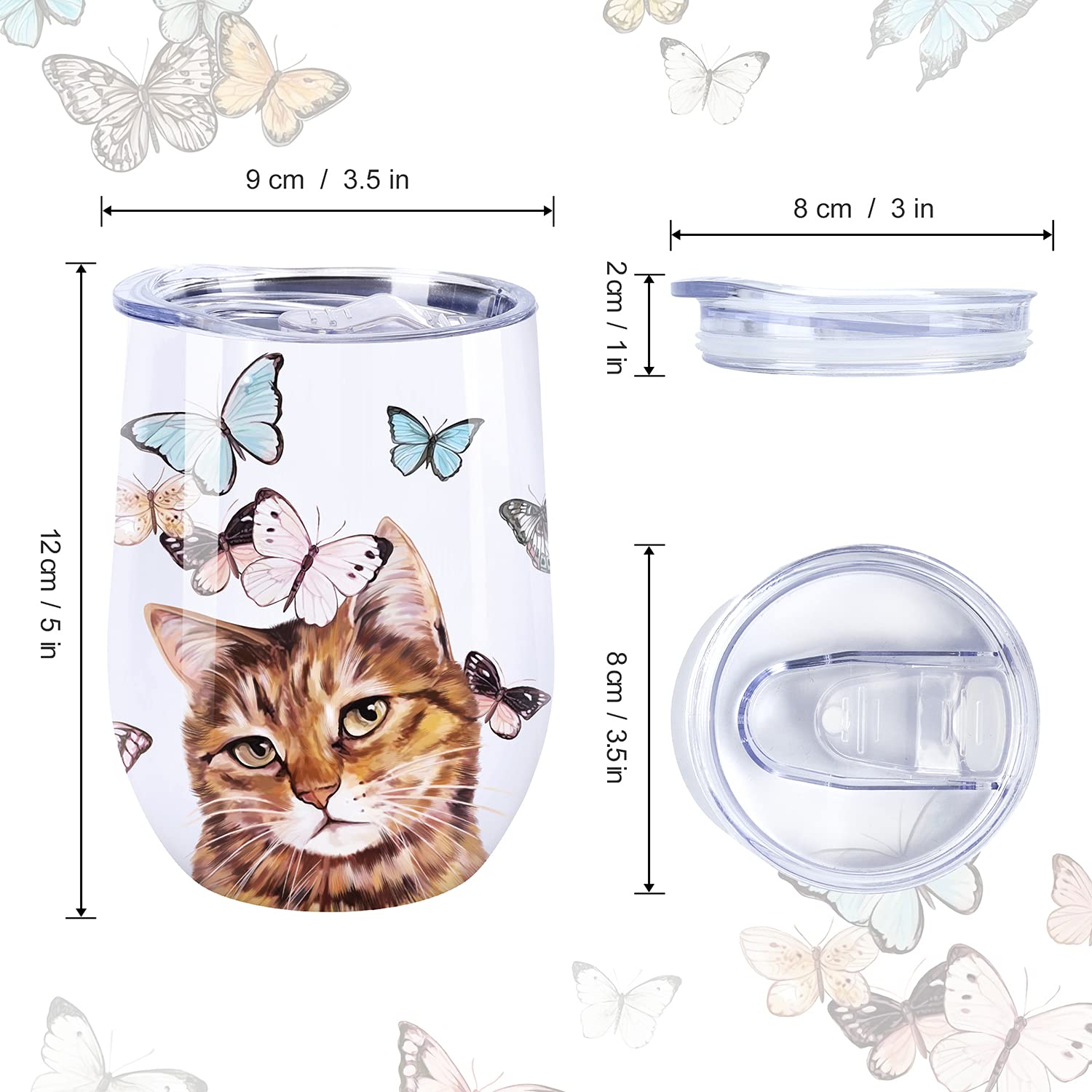 NymphFable 12oz Cat Cup Wine Tumbler With Straw And Lid Insulated Stemless Wine Glass Stainless Steel Double Wall