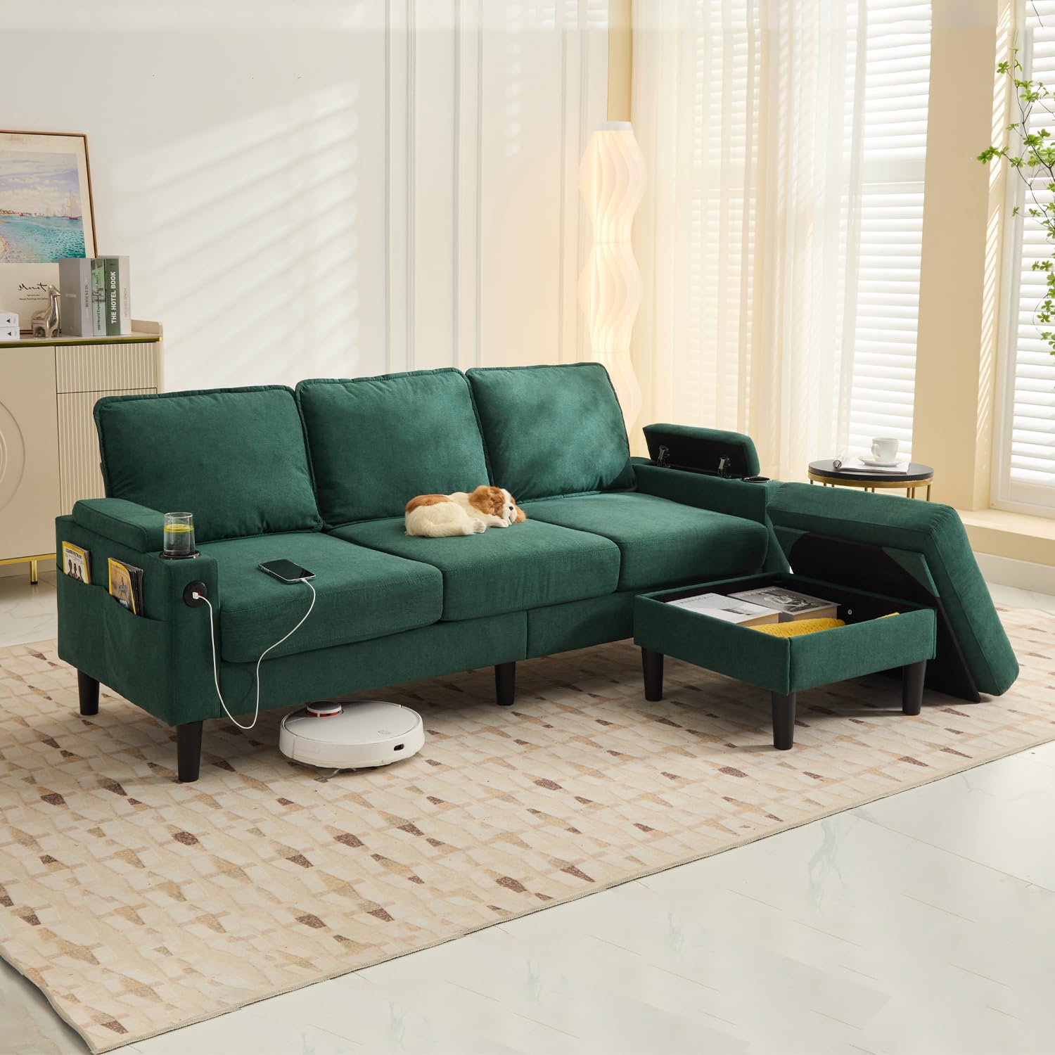 YiMiYom Blue Convertible Sectional Sofa, Small L Shaped Couch with Reversible Chaise, 3 Seat Linen Sectional Couch with Storage Ottoman, USB Port, Cup Holder and Storage Armrests, 78" W