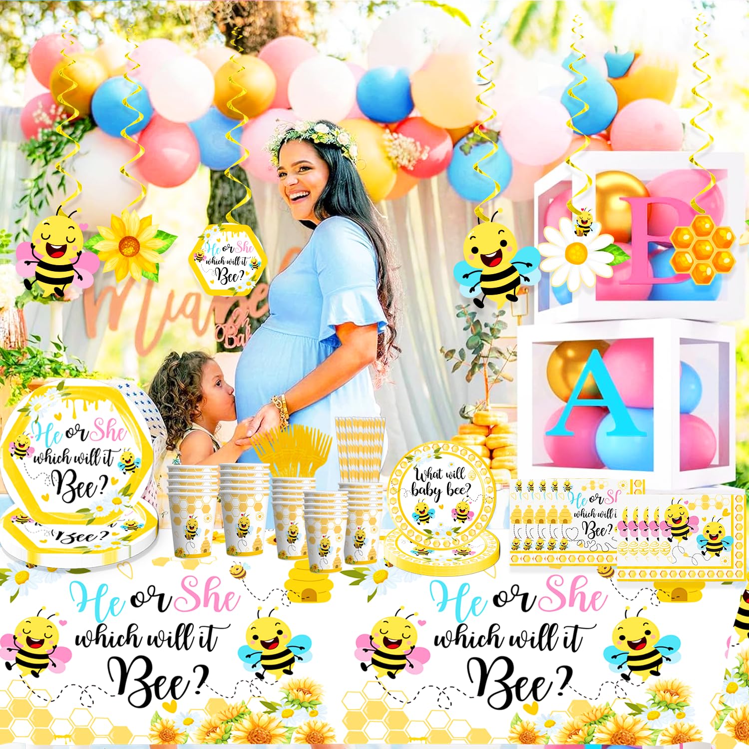 Yingoto 168pcs What Will it Bee Gender Reveal Decorations Tableware Set, Bee Gender Reveal Decorations Include Banner, Plates, Napkins, Tablecloth, Bee Party Decorations for Baby Shower, Serve 25