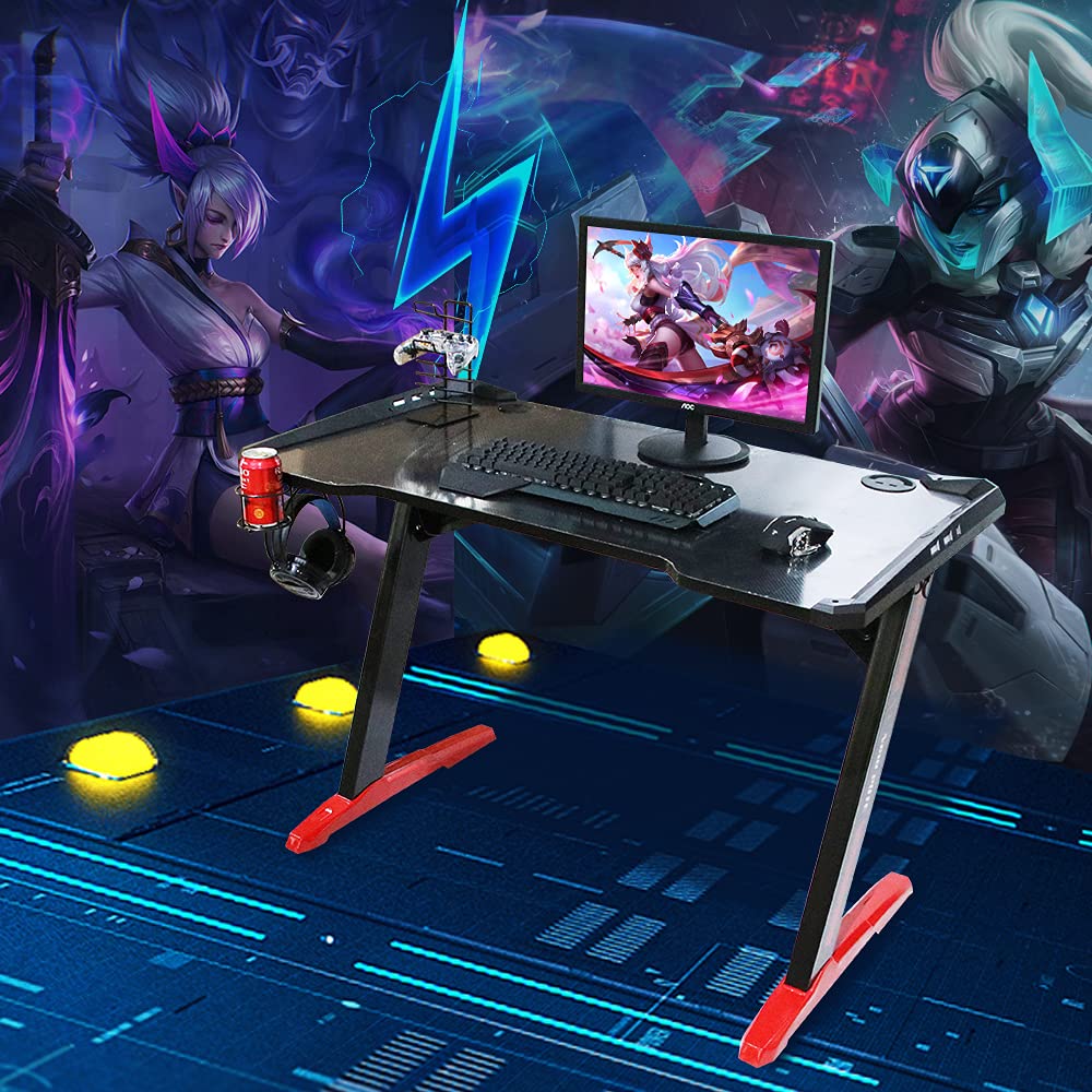 N /A NEWPUTE Office Gaming Desk 43.31"x23.62" Z Shaped Home Office PC Computer Table with LED Lights Controller Stand Cup Holder Headphone Hook for E-Sport Racing Gamer Pro Gift…