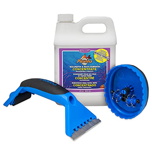 ROMAN’s Wallpaper and Paste Removal Kit - Concentrate (32 oz), Perforating Scoring Tool, and Angled Scraper for Home Improvement - Yields 5 Gallons of Remover (1500 sq. ft Coverage)