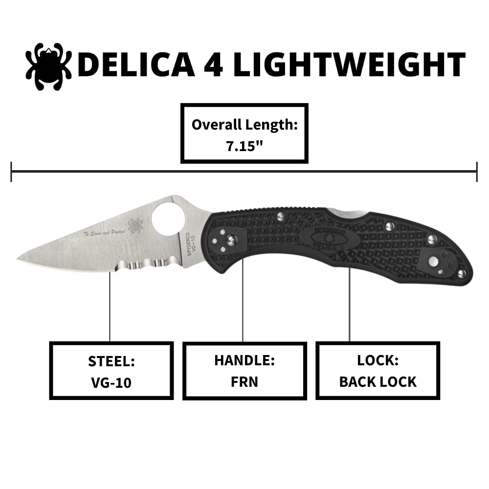 Spyderco Delica 4 Lightweight Knife with Flat Ground Steel Blade and Tunnel to Towers Black FRN Handle - CombinationEdge - C11FPSBKBL