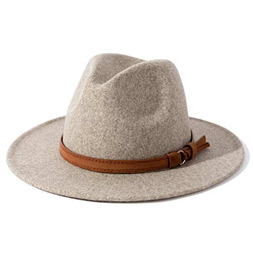 Lisianthus Womens Classic Wool Fedora with Belt Buckle Wide Brim Panama Hat A Brown Buckle-A Oatmeal