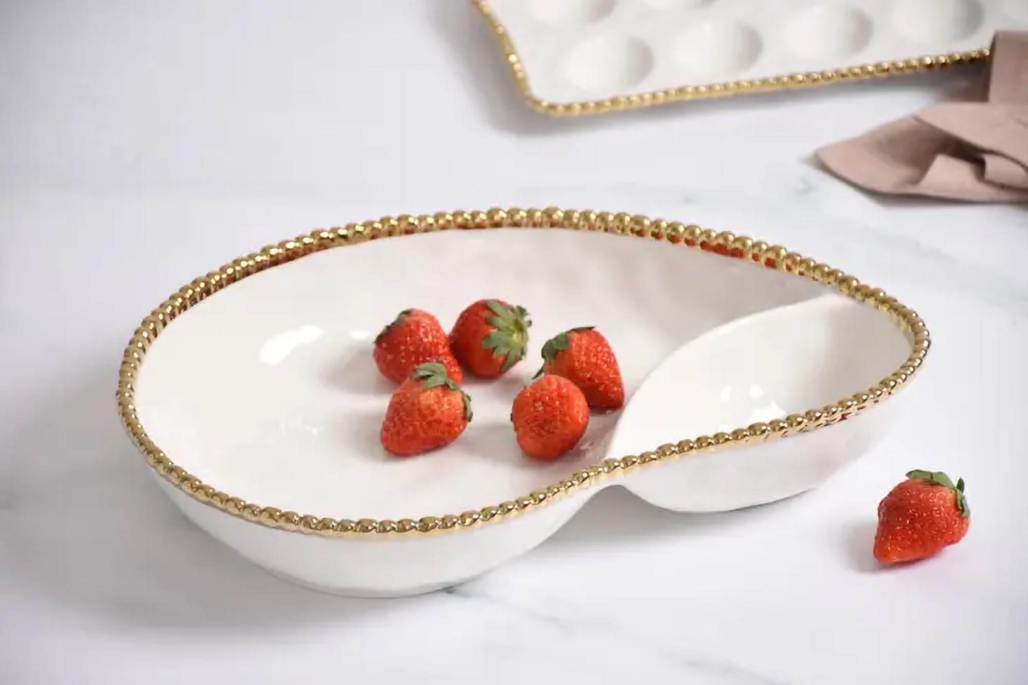 Pampa Bay Titanium-Plated Porcelain 2 Section Serving Piece, 13.8 x 9 Inch, Gold/White Tone, Oven, Freezer, Dishwasher Safe