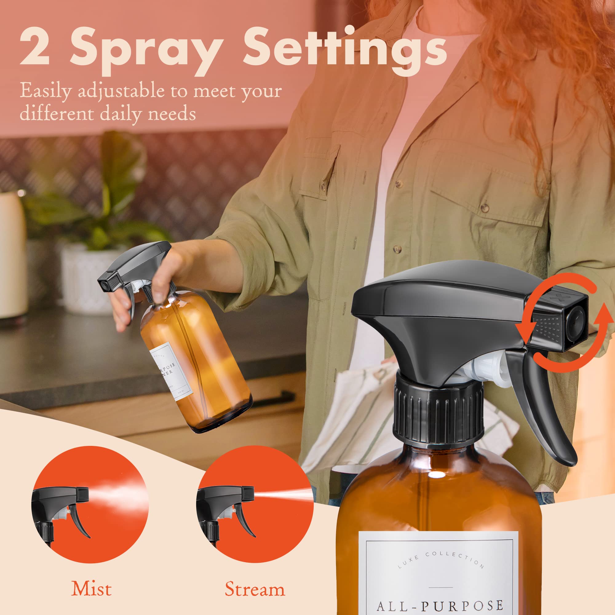Spray Bottles For Cleaning Solutions, 16 oz Amber Glass Water Sprayer For Plants, Essential Oils, Hair