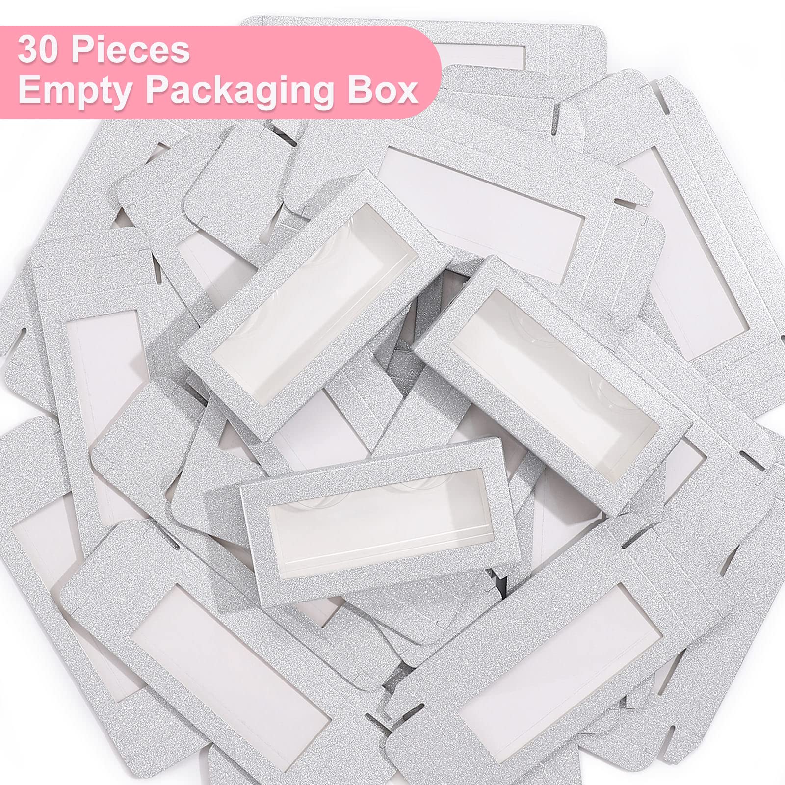 Noverlife 60PCS Empty Eyelash Packaging Box and Tray, 30 False Eyelash Storage Case 30 Transparent Tray, Lash Packaging Storage Container Lash Case Holder Tray Fake Lashes Holder Set - Glitter Silver