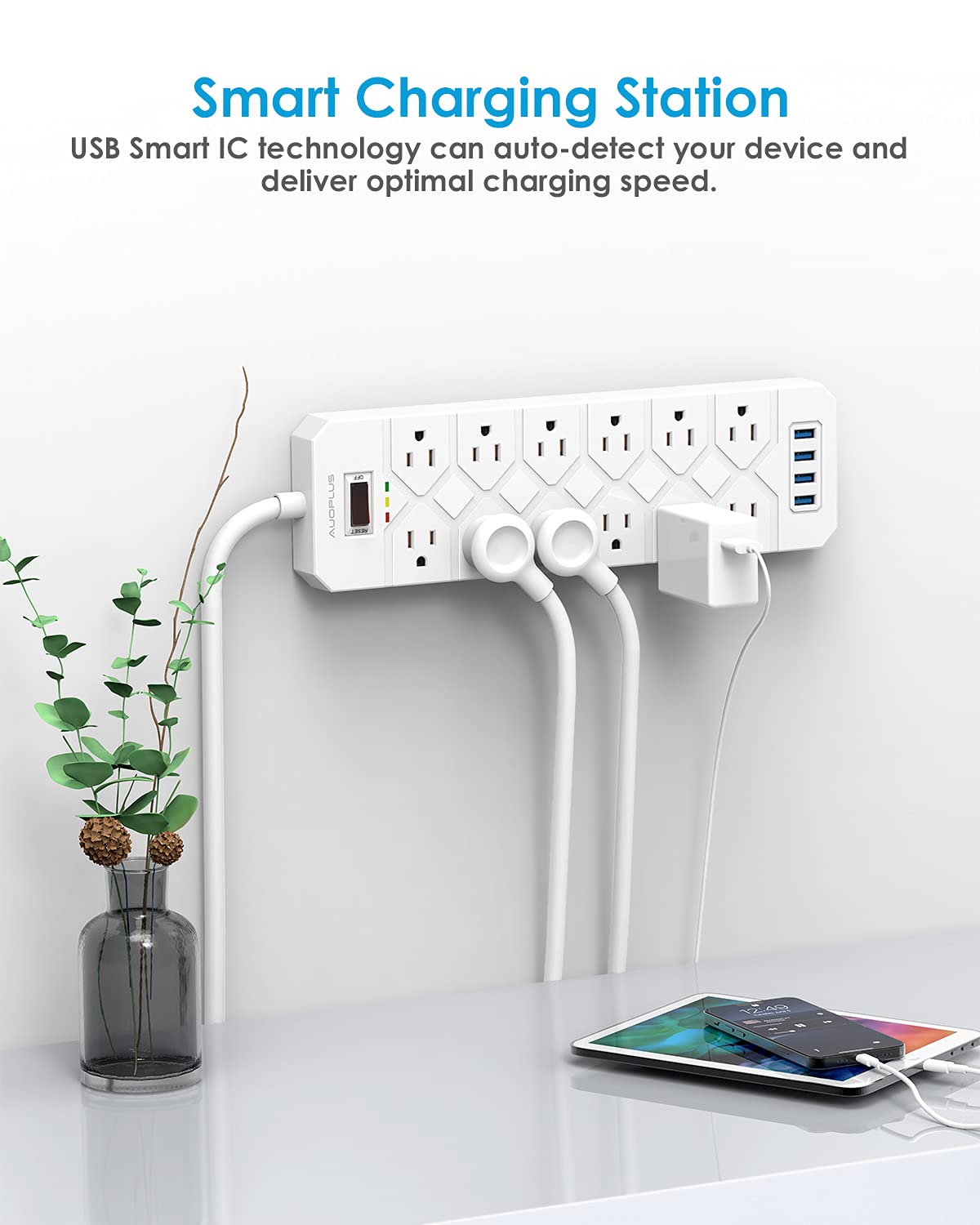 Power Strip Flat Plug, AUOPLUS Surge Protector with 12 Outlets and 4 USB Ports, 6.6 Feet Long Extension Cord (1875W/15A/3400 Joules), Mountable Power Strips for Home, Office, Dorm Essentials