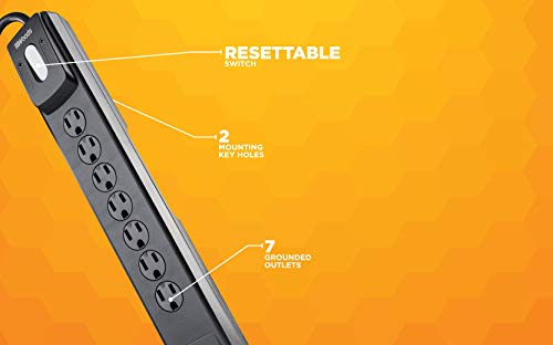 Woods 41496 Surge Protector With Safety Overload Feature 7 Outlets And 10 Ft Cord For 1440J Of Protection, Black