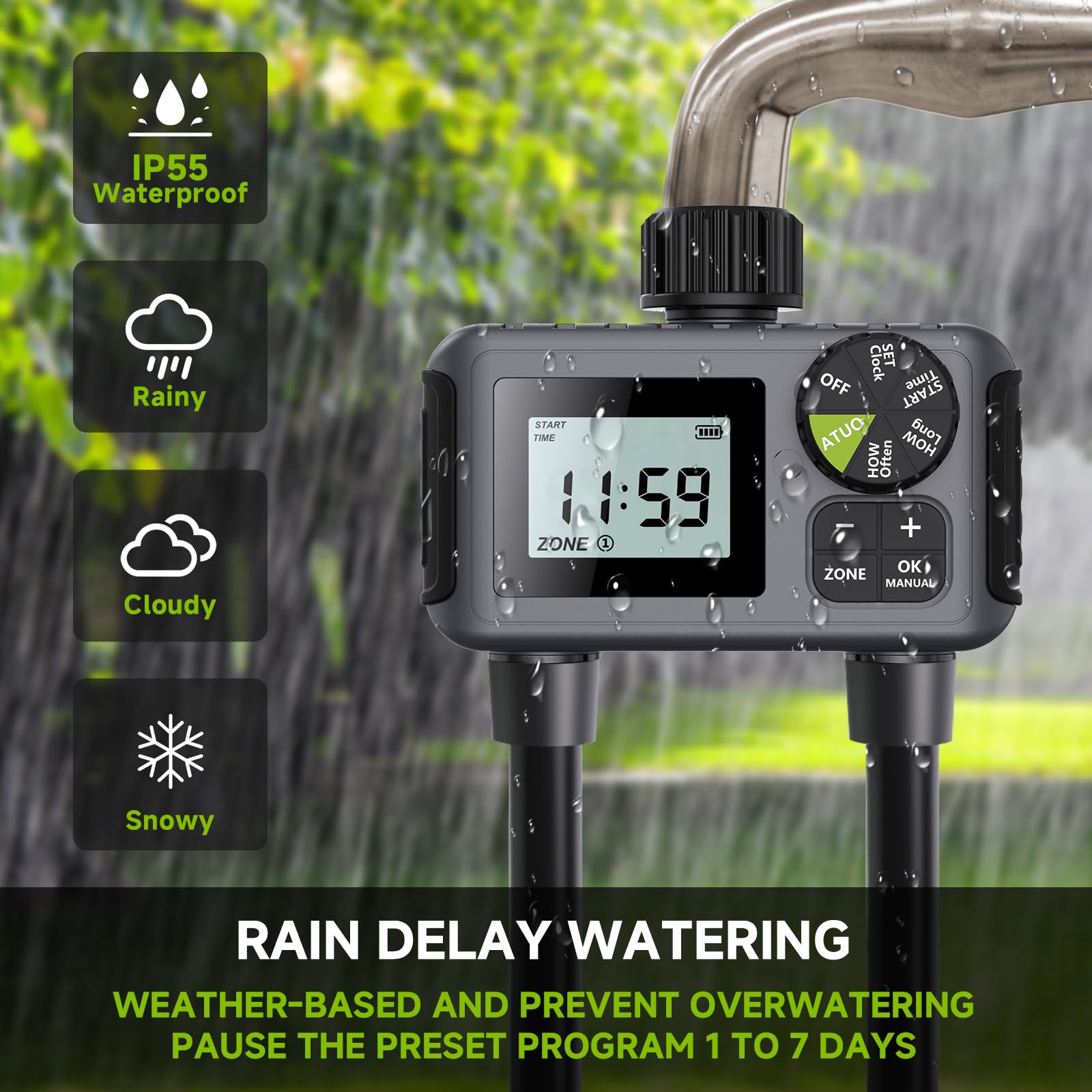 Sprinkler Timer for Garden Hose,2 Zone Water Timer for Garden with Rain Delay Faction,Manual/Automatic Irrigation Water Faucet Timer Outdoor, Programmable Sprinkler Timer for Yard Lawn