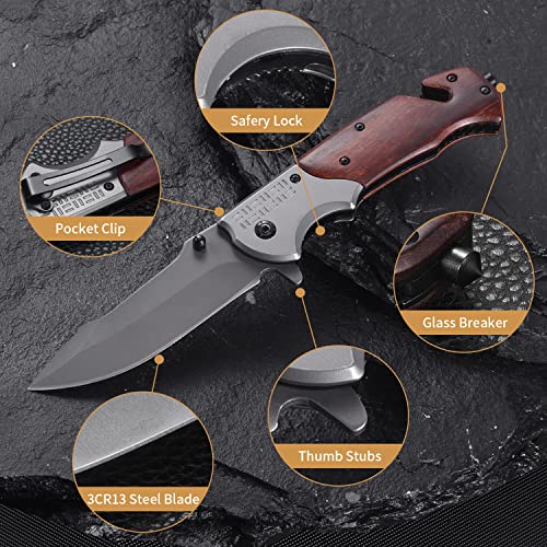 sharpken Pocket Knife for Men Women, Folding Knife with Clip + Seatbelt Cutter + Glass Breaker + Wood Handle