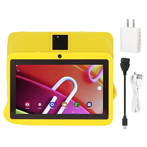VINGVO 7in Kids Tablet, 100-240V HD Tablet 2.4G 5G Dual Band Front 2MP Rear 5MP 6000mAh Battery 4GB 128G Octa Core Processor Yellow for Android 10 for Reading (Yellow)