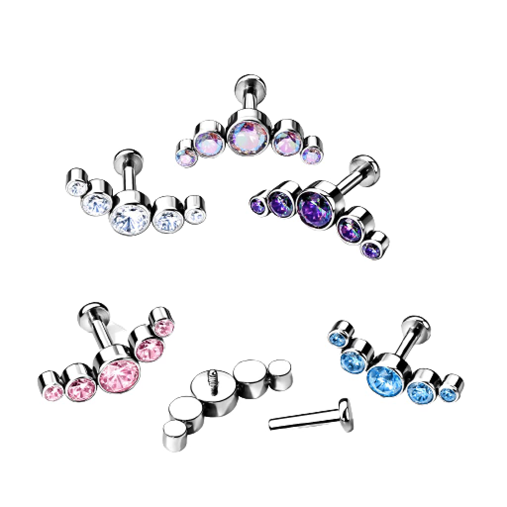 Pierced Owl 16GA Implant Grade G23 Titanium Internally Threaded Five CZ Crystal Curve Top Cartilage Helix Ear Lobe Barbell Stud (Pink)