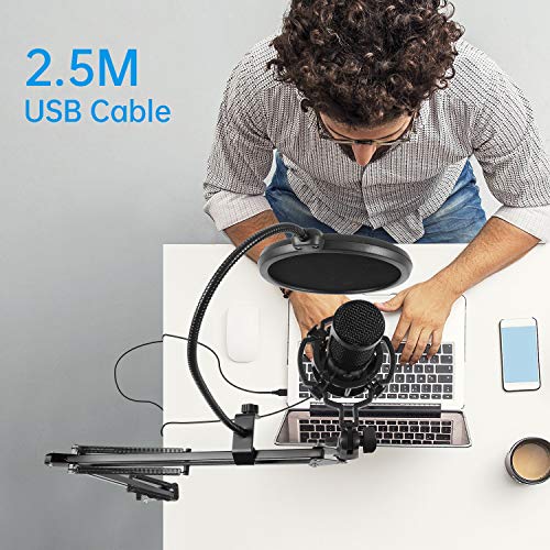 Studio Condenser USB Microphone Computer PC Microphone Kit with Adjustable Scissor Arm Stand and Mic Gain Knob Shock Mount for Instruments Voice Overs,Streaming Broadcast and YouTube Videos (Black)