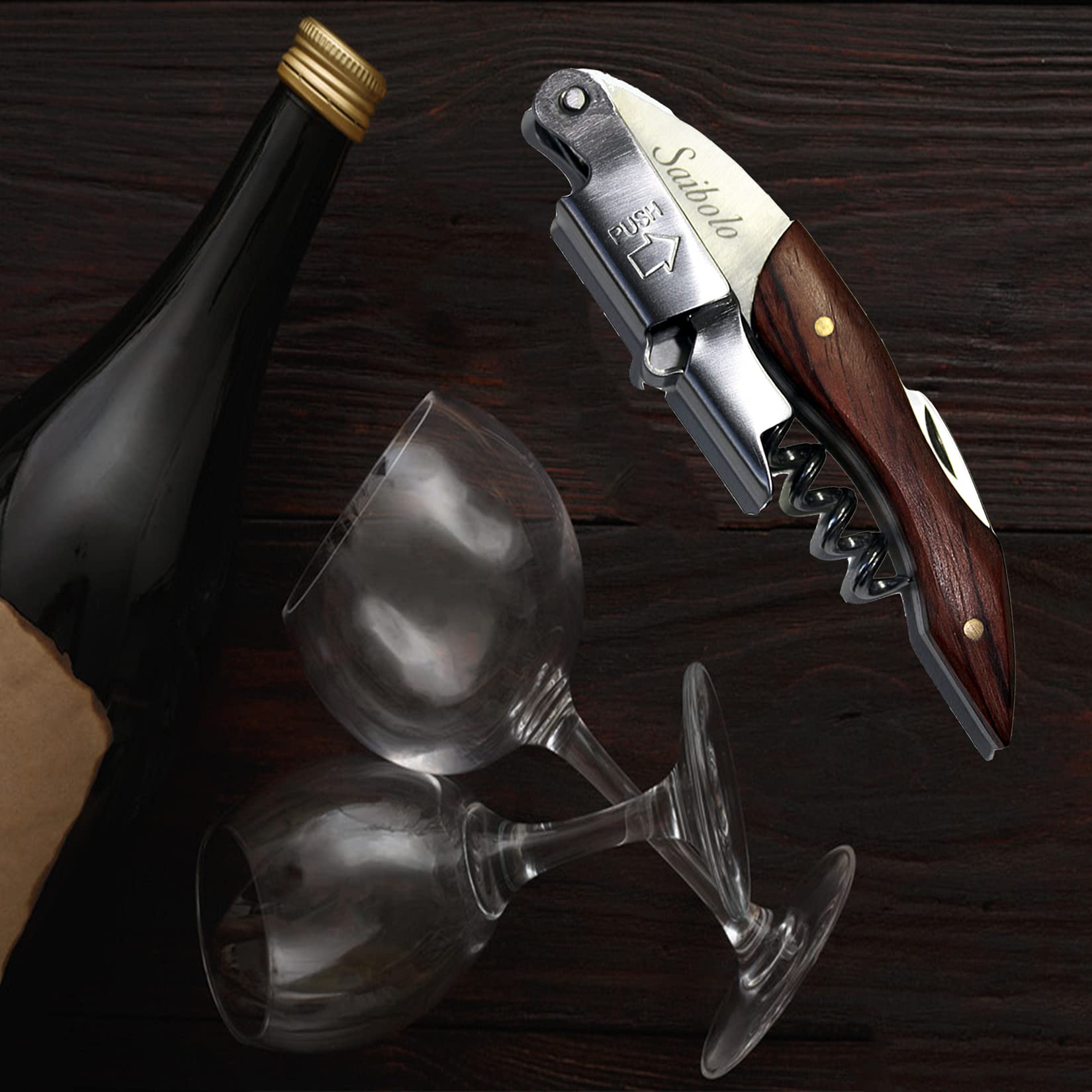 Saibolo wine corkscrew, multifunctional Stainless steel wine beer corkscrew, leather protection gift bag, used by sommeliers, waiters and bartenders and wine hobbyists all over the world
