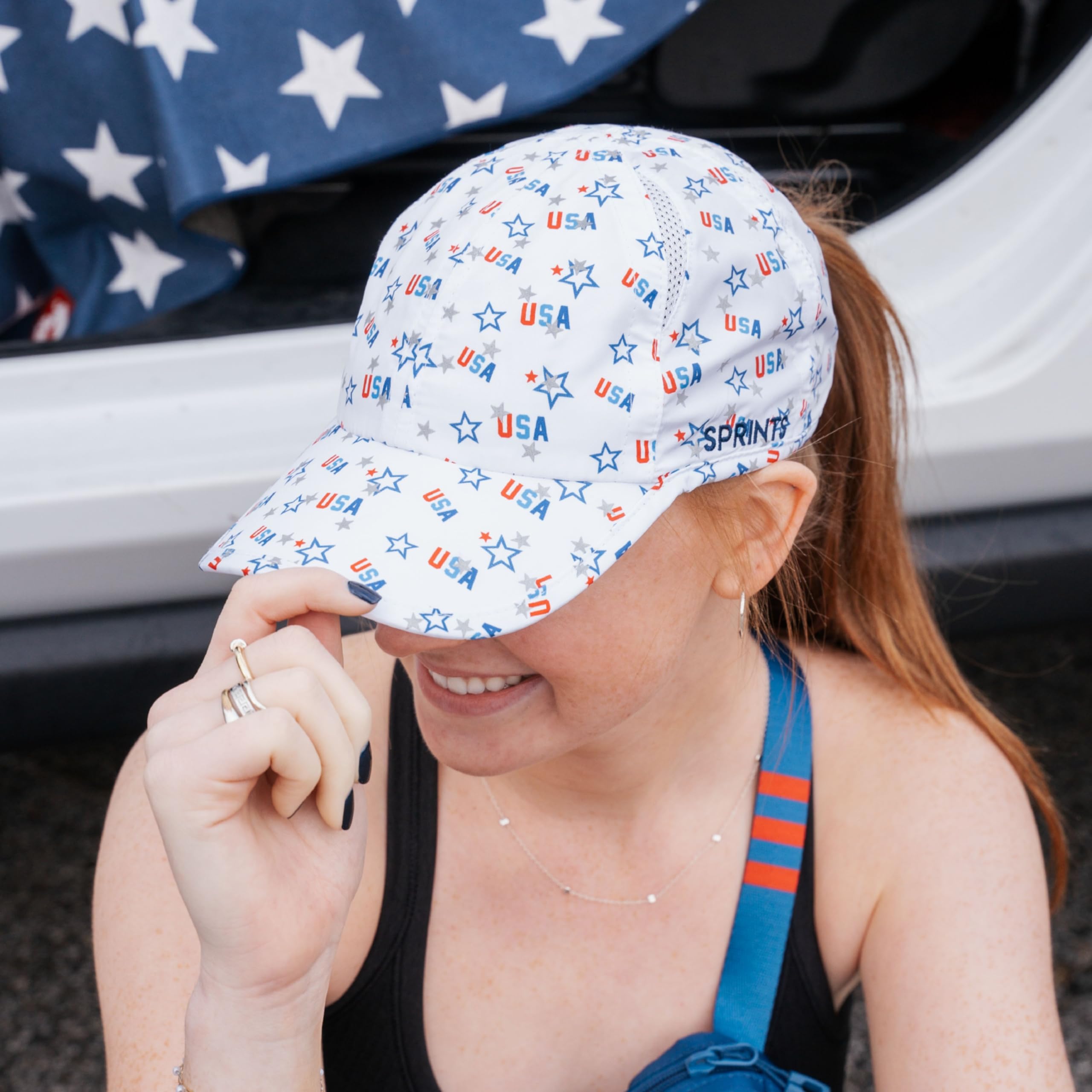 Sprints Race Day Performance Running Cap | The Lightweight, Quick Dry, Sport Hat, One Size, Unisex (USA Flash Reflective)