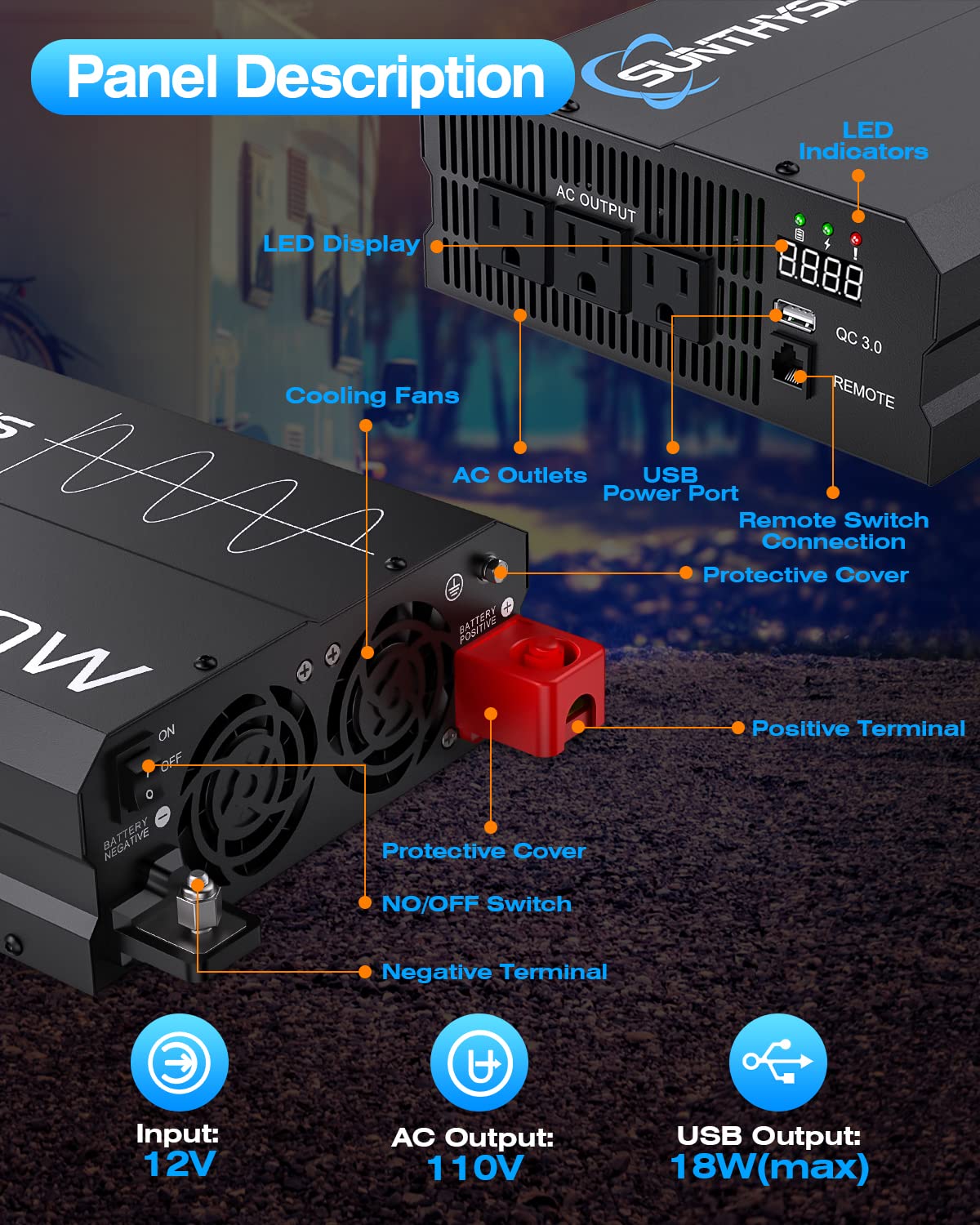 Newest Version Sunthysis 2000W Pure Sine Wave Inverter 12V DC to 120V AC Converter for Home, RV, Camping, Off-Grid Solar Power Inverter 12V to 110V with USB Port, 3 AC Outlets, Remote Controller