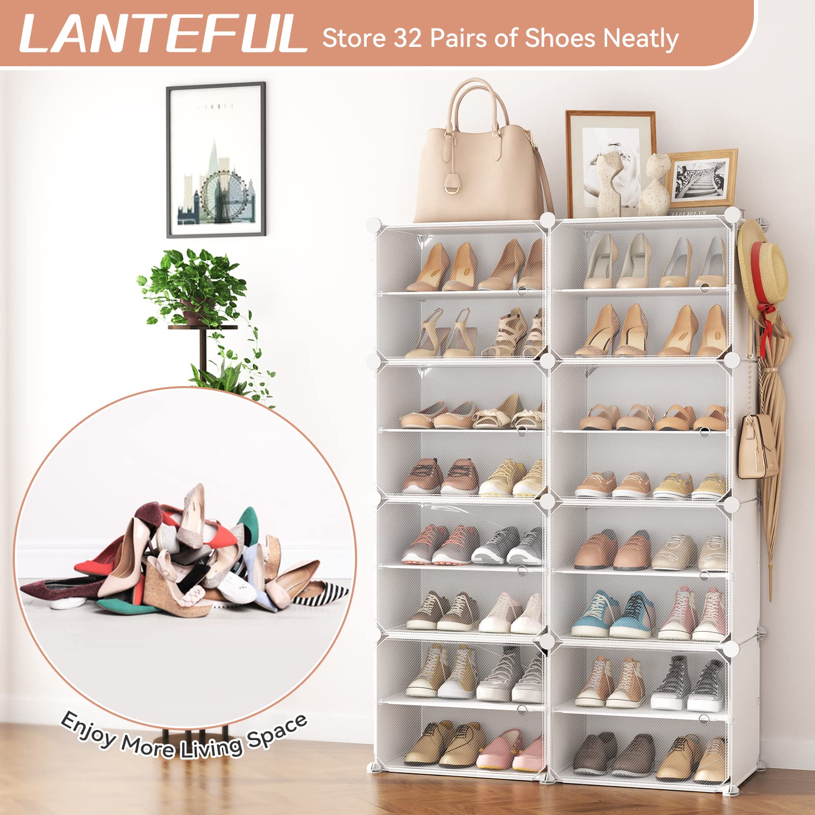 LANTEFUL Shoe Rack 8 Tiers 32 Pair Portable Shoe Storage Organizer Cabinet, Sturdy Plastic Shelf with Hooks, Door for Entryway, Bedroom and Hallway, White