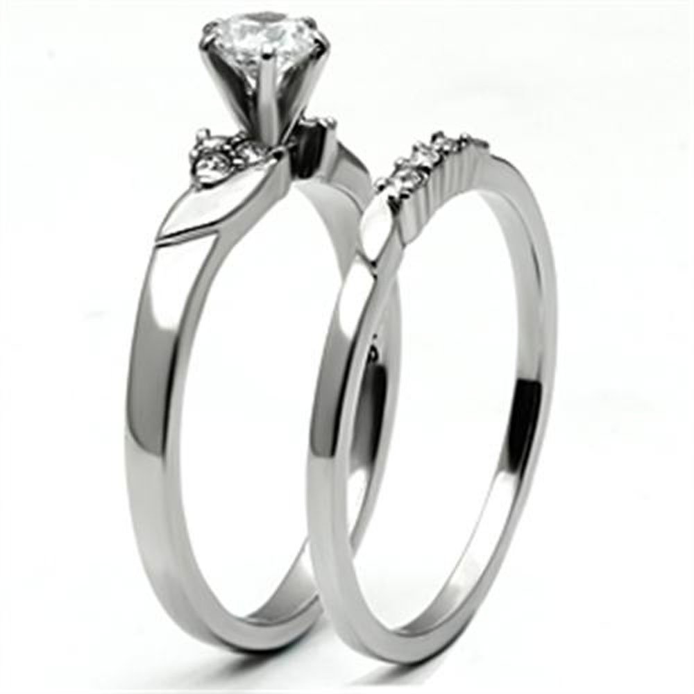 Mai Jewelry Shop & Hair Accessories Stainless Steel Round Solitaire CZ Engagement Ring and Wedding Ring Set